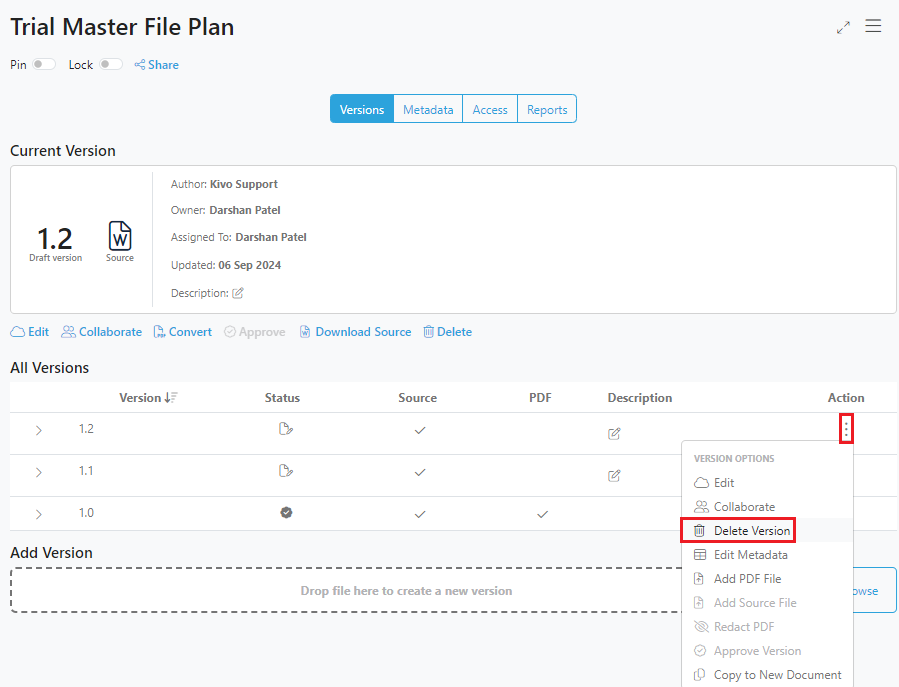 Delete Document Versions – Kivo